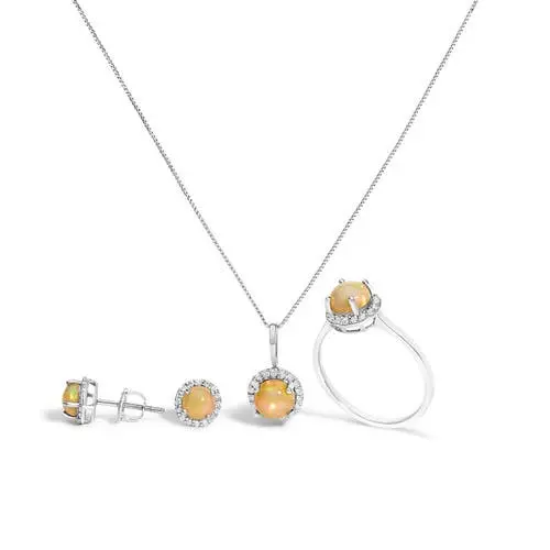 HAUS OF BRILLIANCE 10k Gold Gemstone And Diamond Halo Jewelry Set - White | Multi Opal